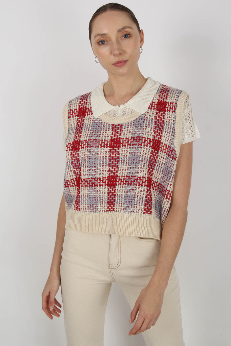 Ivory and red cross check sweater vest | Glassworks London