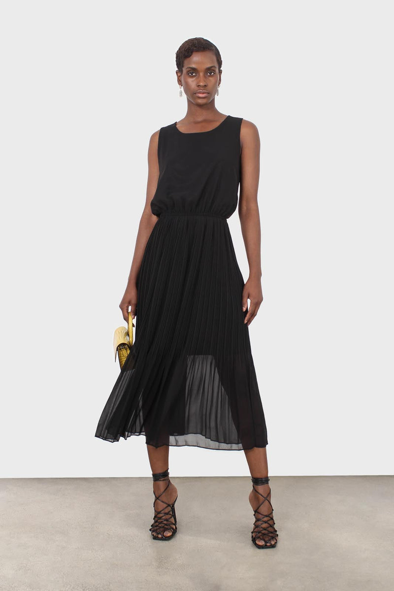 Black silky micro pleat maxi dress | Glassworks London