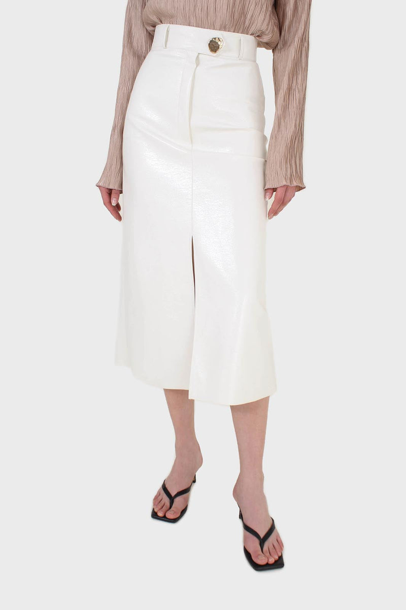 Ivory PVC front slit gold button maxi skirt | Glassworks London