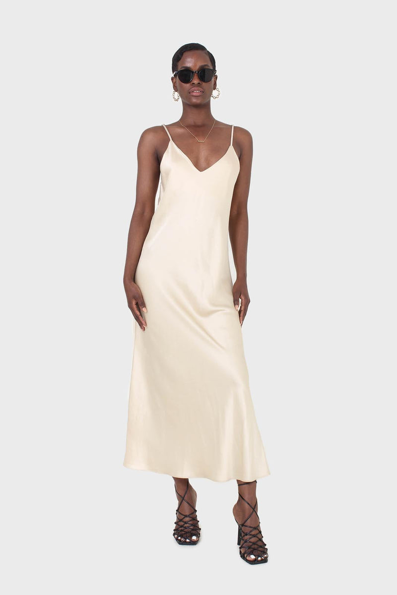 Cream silky spaghetti strap slip dress | Glassworks London