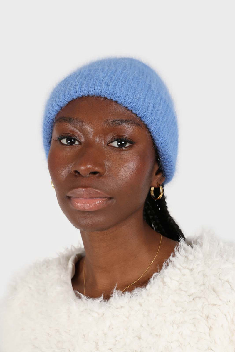 Bright blue mohair beanie hat | Glassworks London
