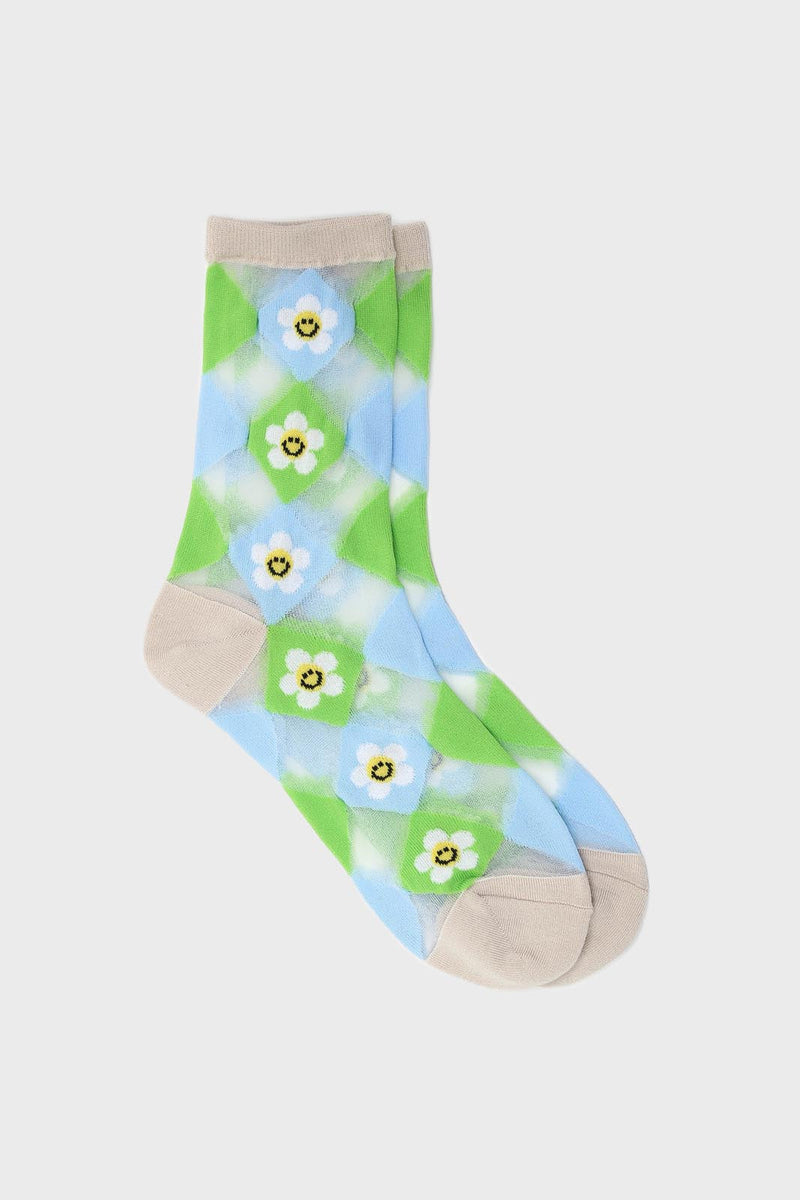 Green and blue diamond smiley daisy sheer socks | Glassworks London