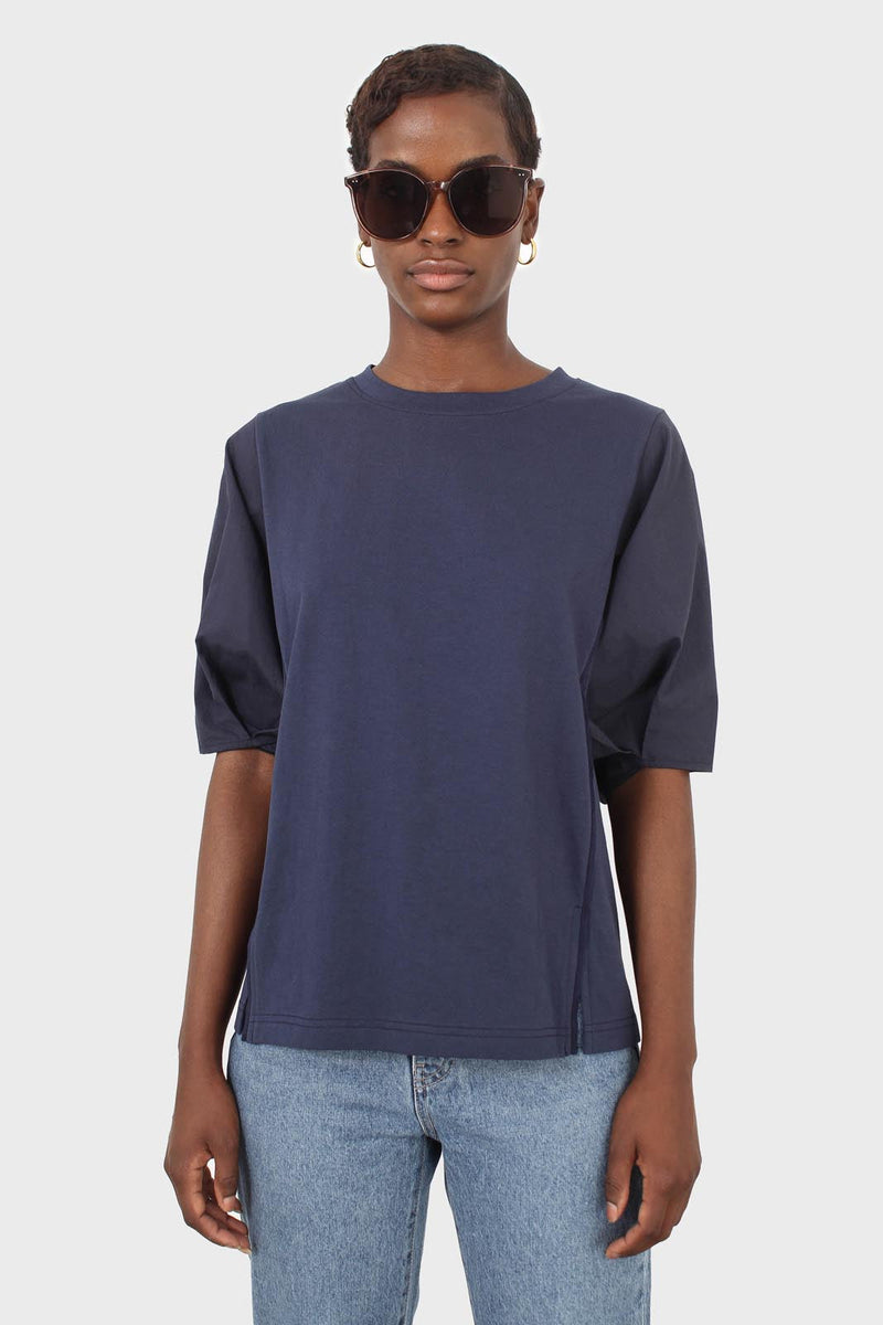 Navy contrast puff sleeve tee | Glassworks London