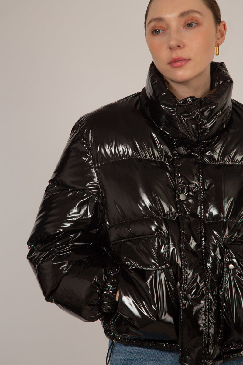 Black shiny down puffer jacket | Glassworks London
