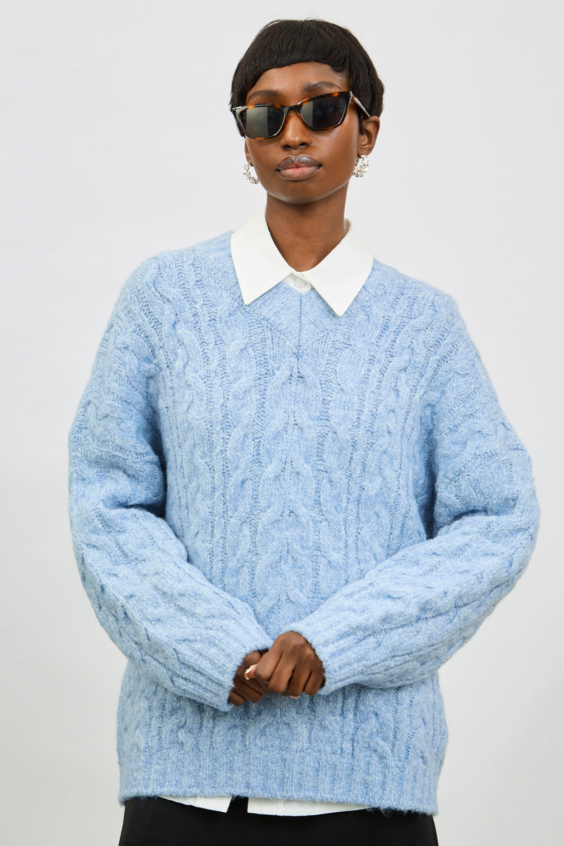 Baby blue heavy cable knit V neck jumper | Glassworks London