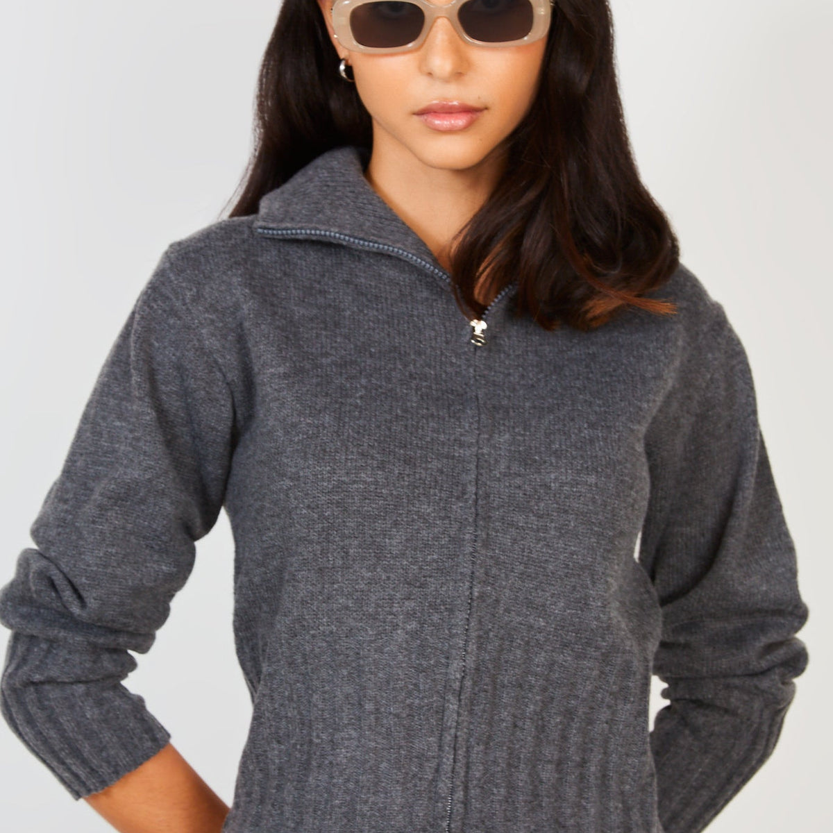 Charcoal high neck double zip cardigan | Glassworks London