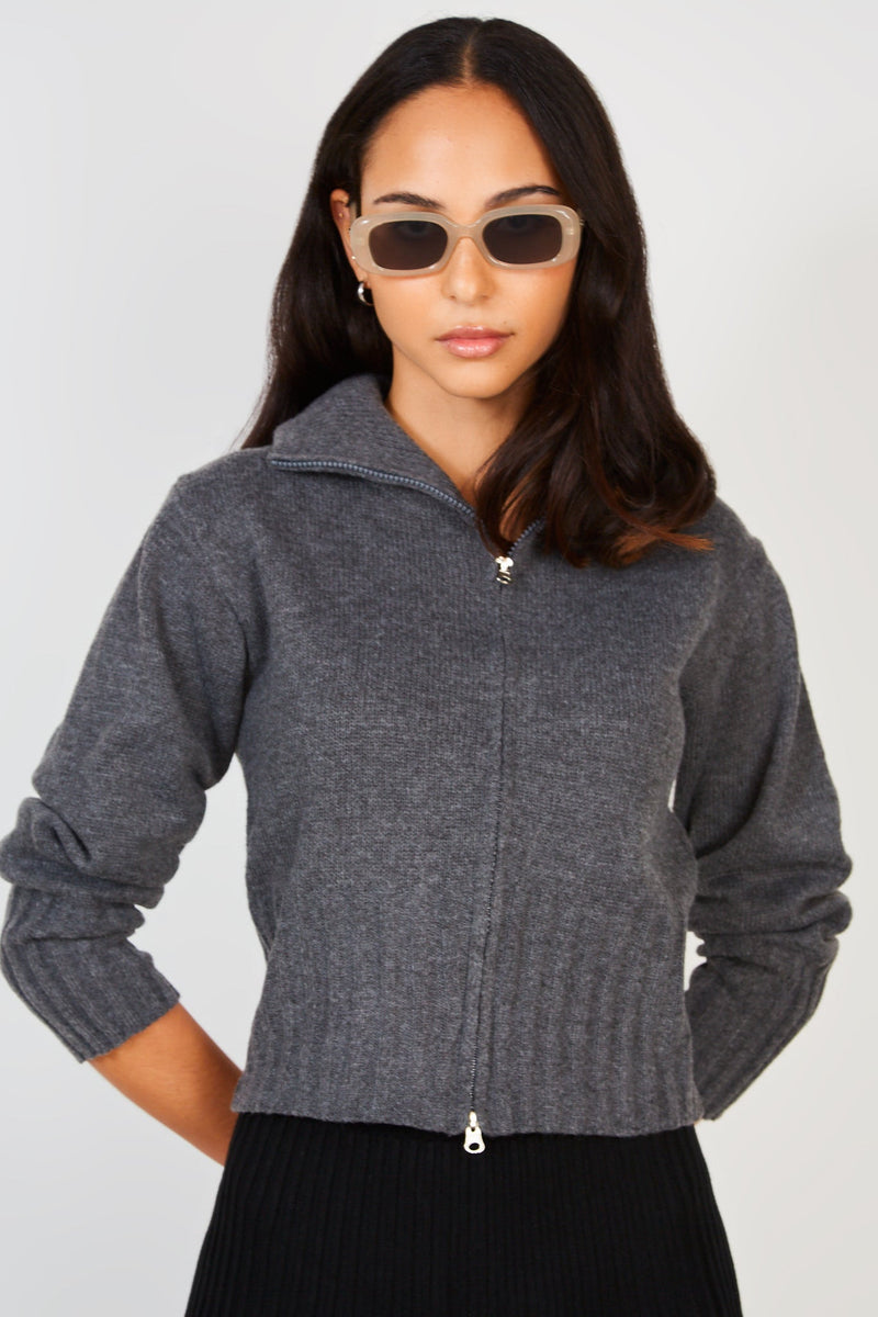 Charcoal high neck double zip cardigan | Glassworks London