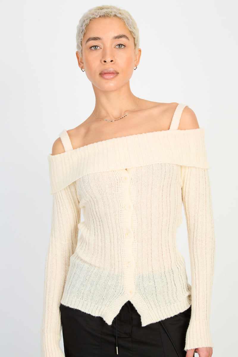 Cream mix rib strapped off shoulder knit top | Glassworks London
