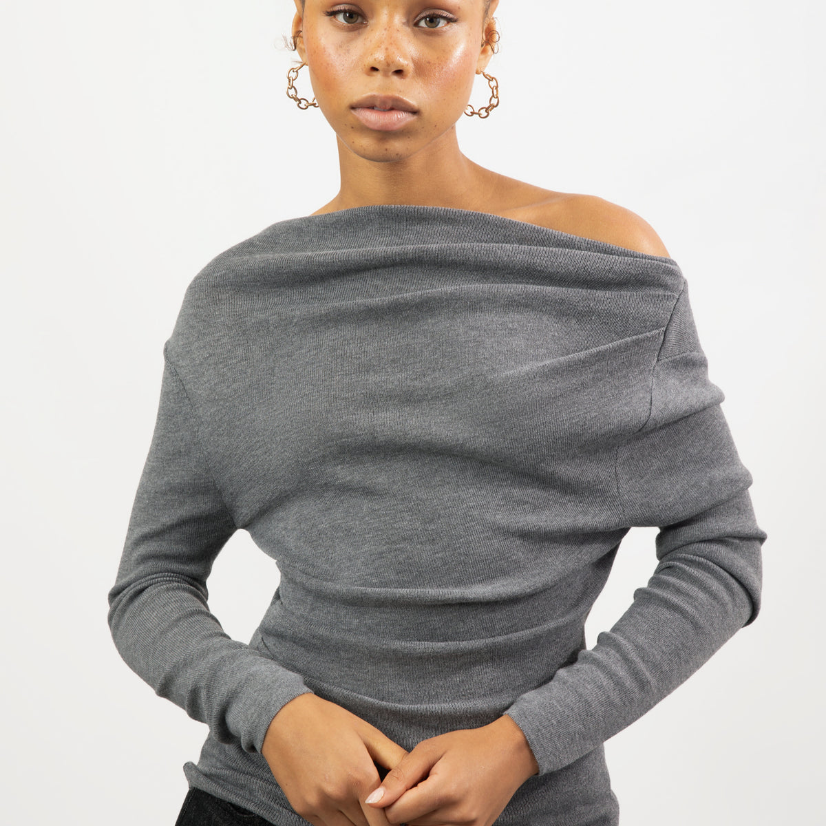Grey draped shoulder long sleeve knit top | Glassworks London