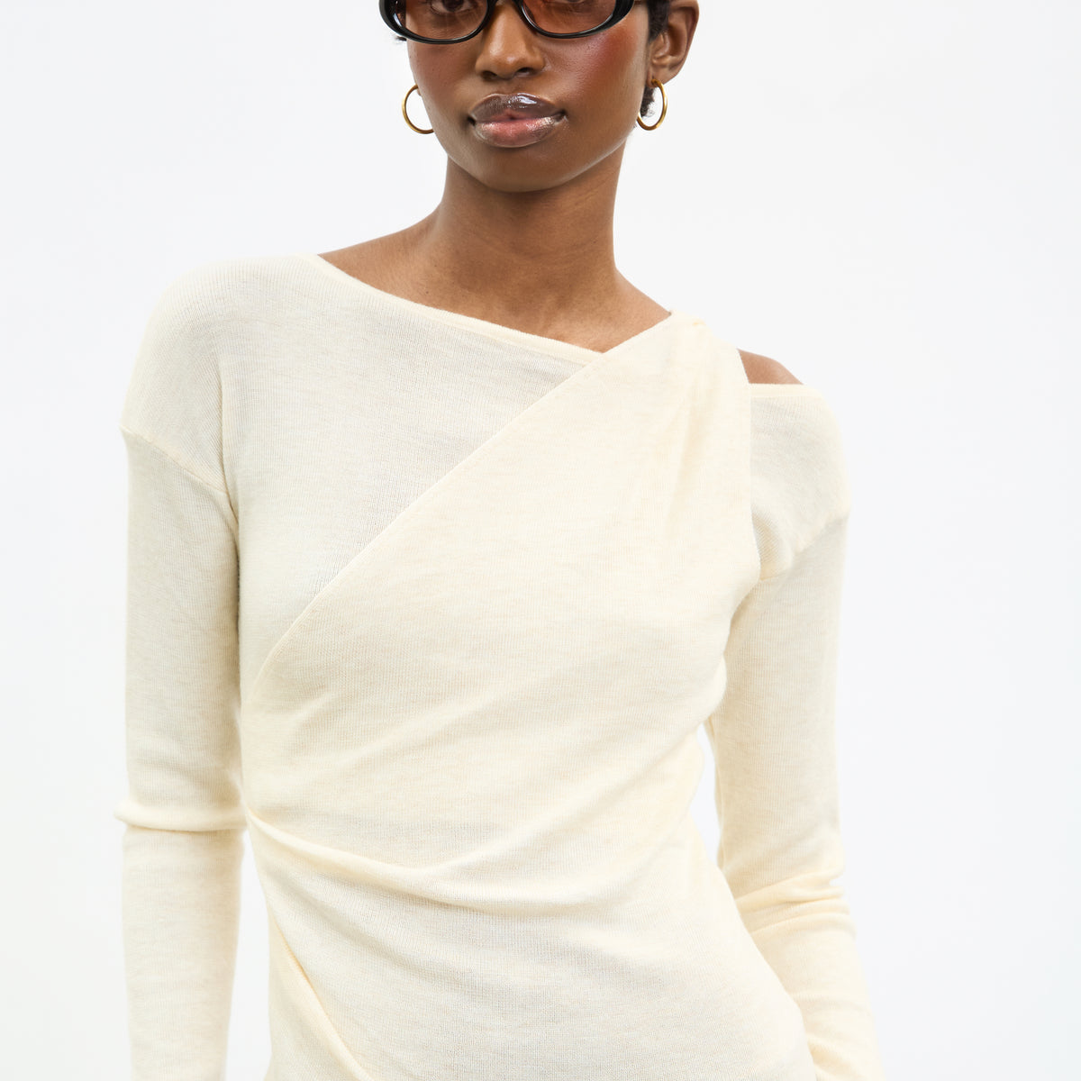 Ivory draped front long sleeve knit top | Glassworks London