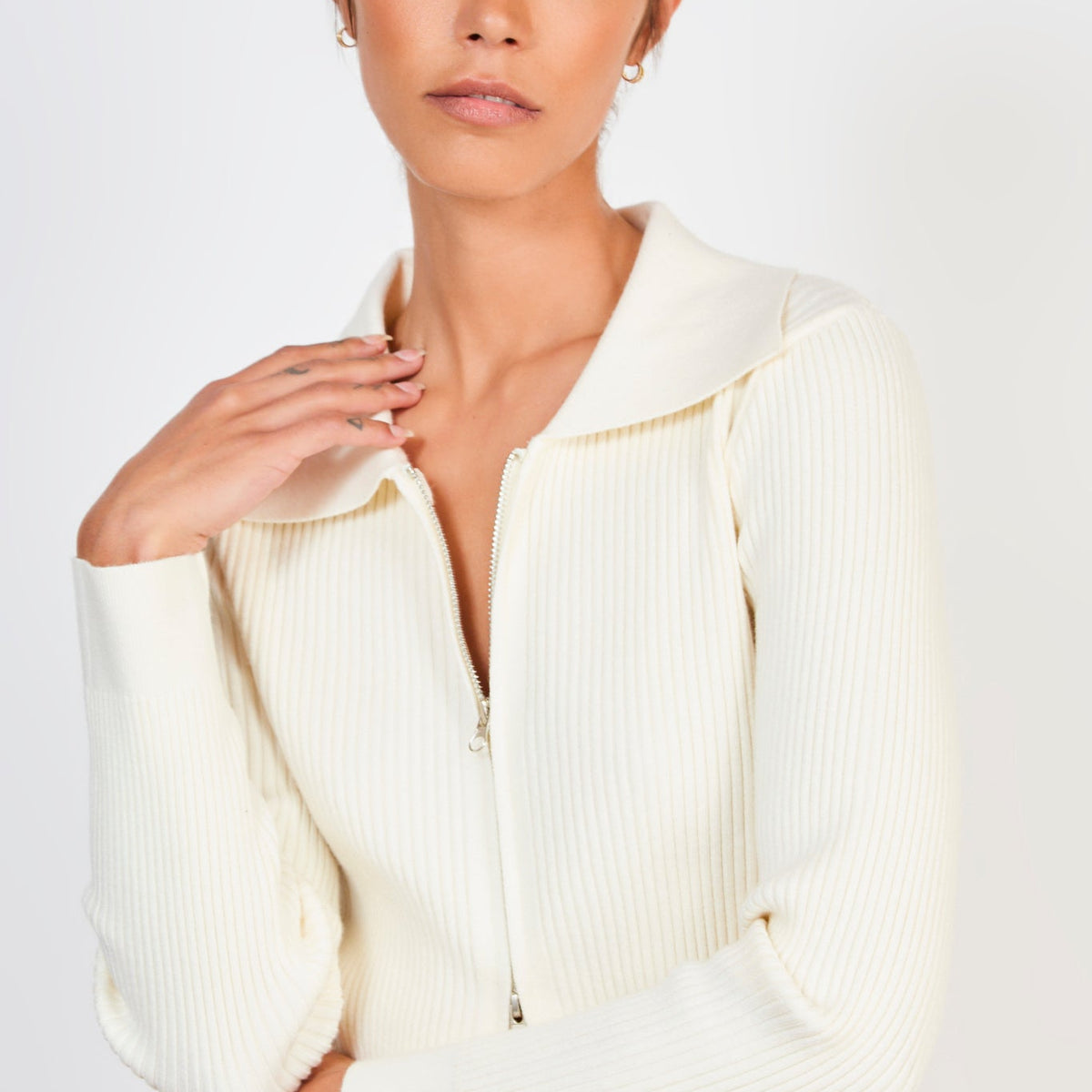 Ivory ribbed double zip cardigan | Glassworks London