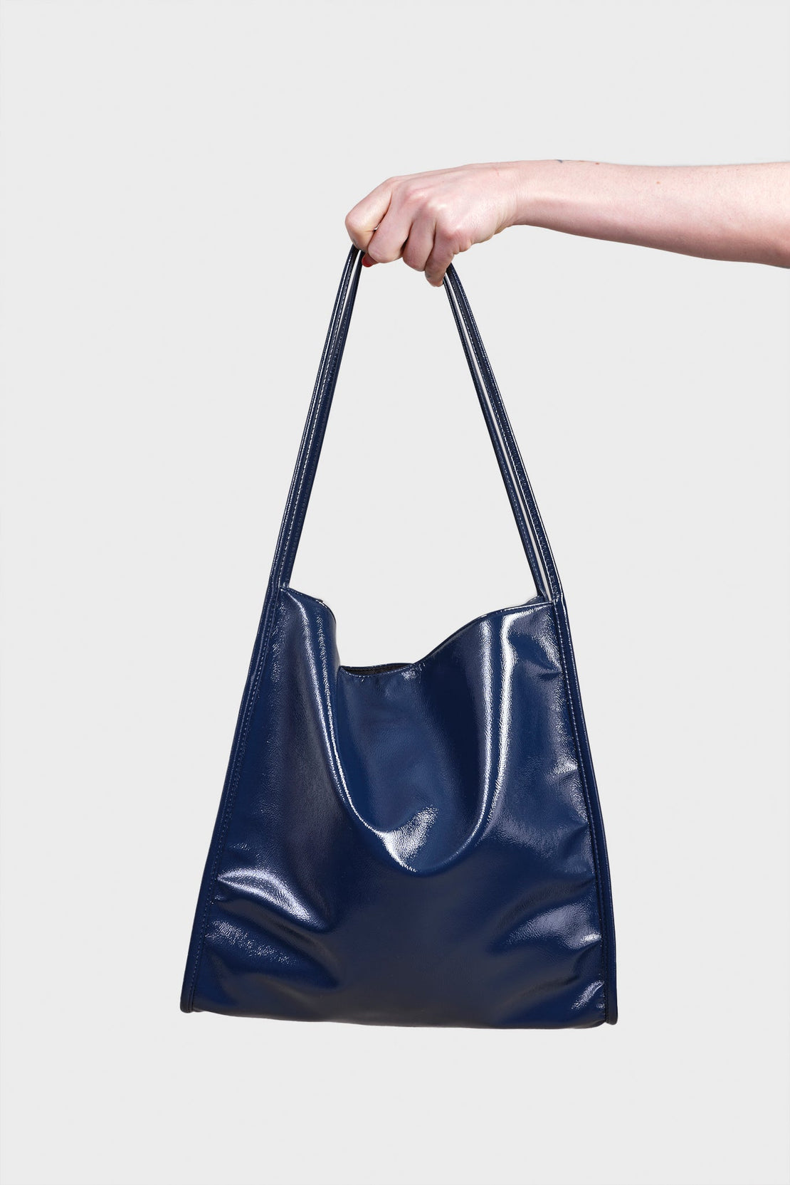 Navy blue high shine PVC tote bag | Glassworks London