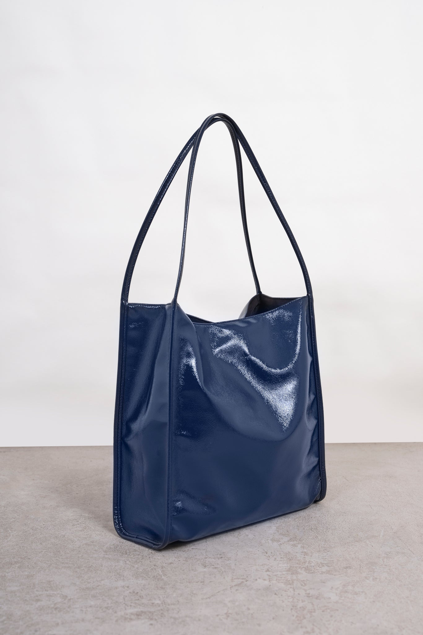 Navy blue high shine PVC tote bag | Glassworks London