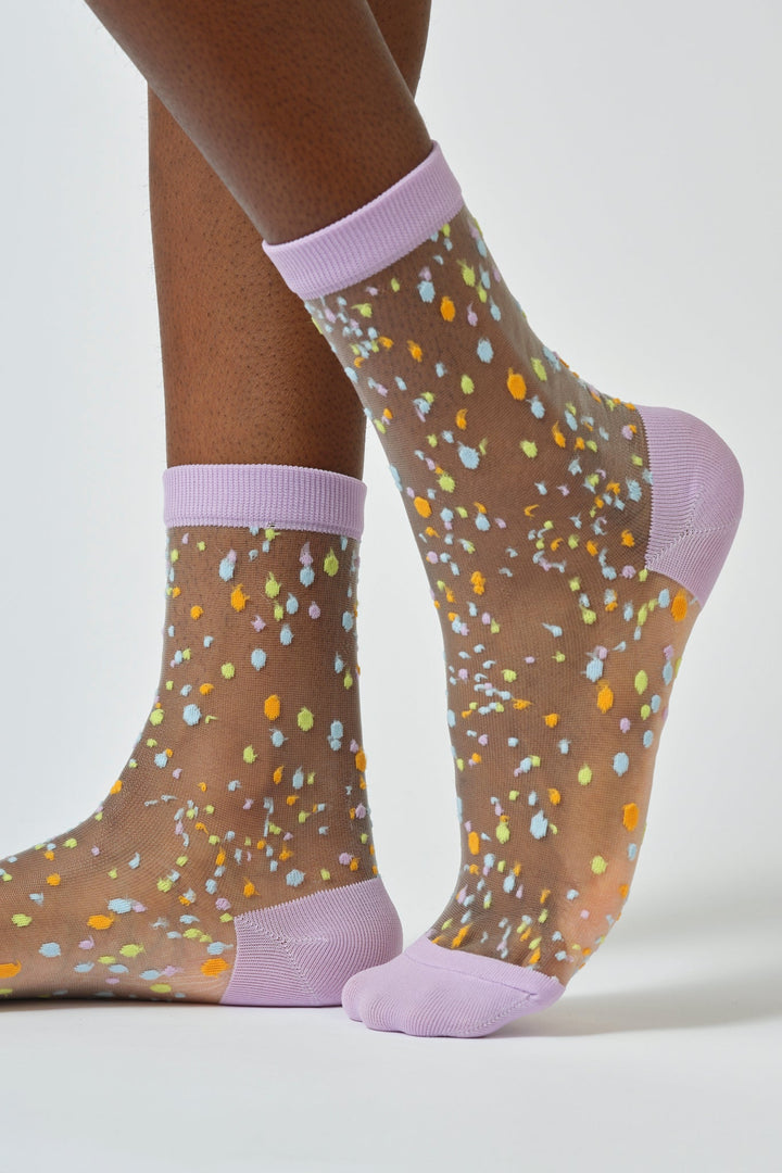 Purple sheer multicolour dot socks | Glassworks London