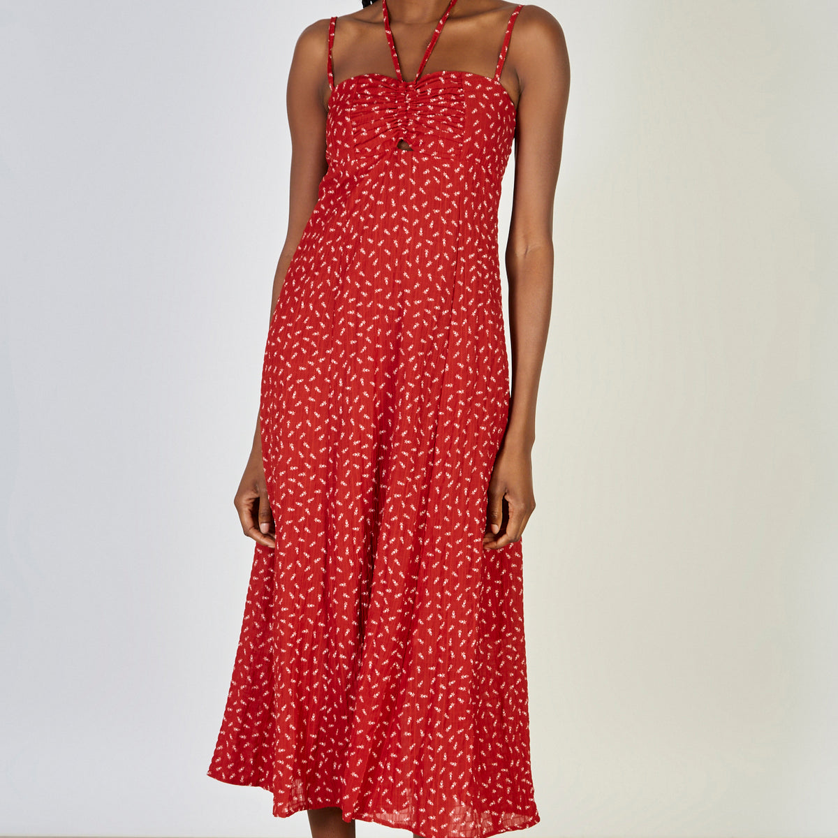 Red and white floral print pull bodice maxi dress | Glassworks London